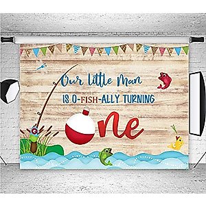 O-Fish Ally Fish Birthday Photo Backgrounds 7x5ft Rustic Wooden Boards Boys Go Fishing First Birthday Party Photography Backdrops Boys or Girls Cake Table Background Photo Studio Booth Props Vinyl