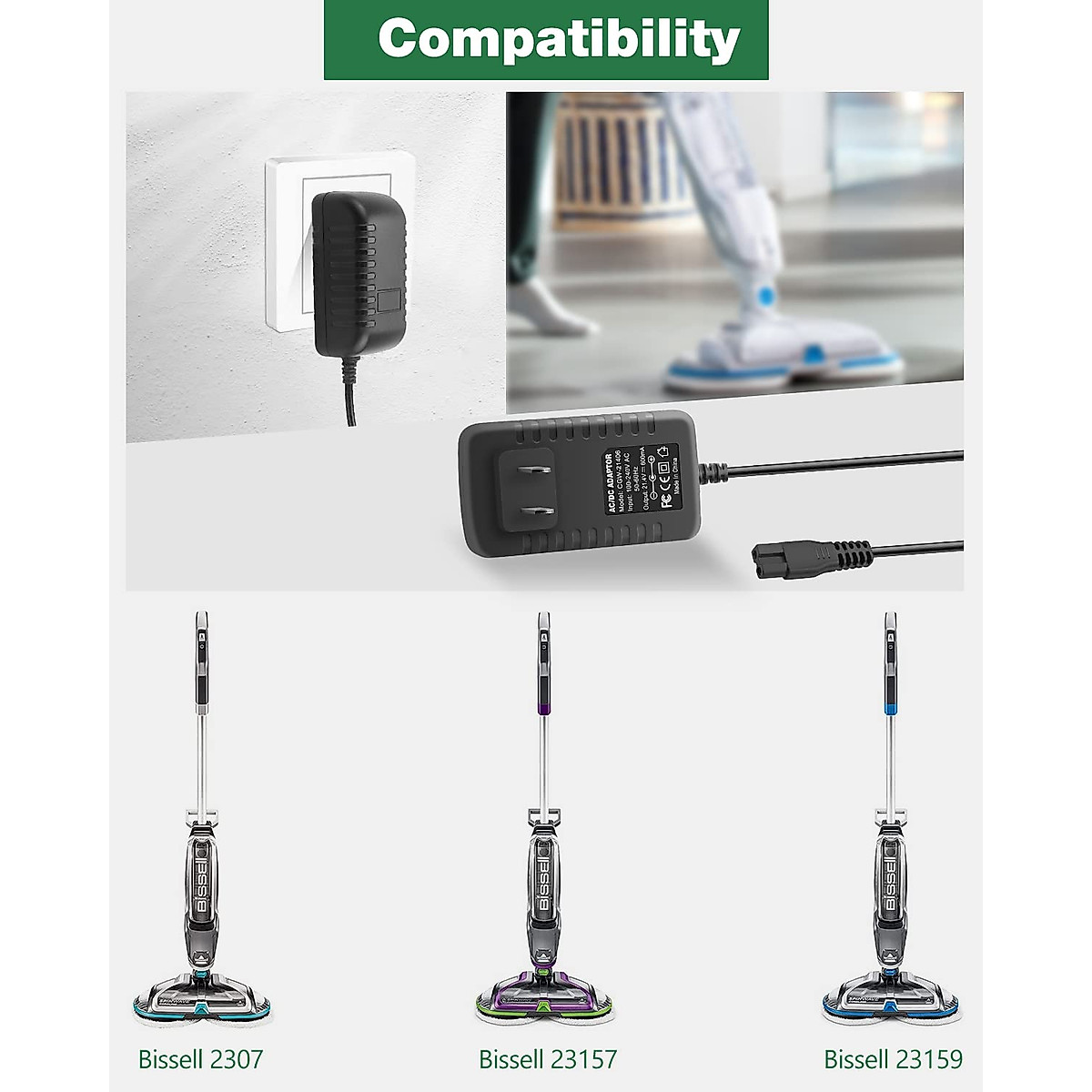 Power Cord Replacement Bissell SpinWave 2315 Charger for 23159 2315A 23158 23157 2307 SpinWave Cordless Hard Floor Mop 1614563 1611574 Charger, JOVNO 21.4V 600mA Adapter, 6.6ft Extra Long Power Cord