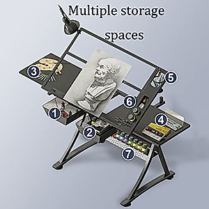 VejiA Drafting Table Art/Adjustable Glass Drawing Table with 2 Drawers, Art Desk Art Table with Storage, Student Desk Study Desk for Drawing, Painting, Writing and St