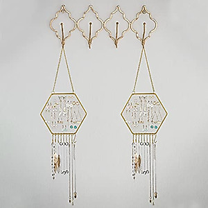 2 Pieces Earring Wall Holder Wall Mounted Earring Organizer Hanging Hexagon Earring Stand Decorative Diamond Grid Shape Jewelry Display Rack with Hanging Hooks for Earrings Necklaces Bracelets (Gold)