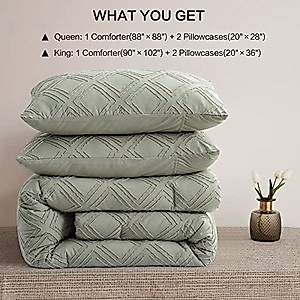 BEDHOURS Boho Comforter Set Queen,Sage Green Tufted Comforter Set,3 Pcs Shabby Chic Down Alternative Farmhouse Bedding Set Soft Lightweight Cooling Comforter for All Seasons