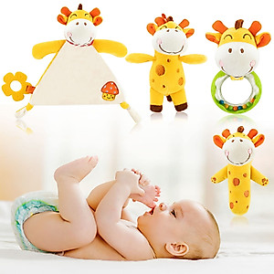 by Rattle Toys for Babies 0-6 Months Soft Baby Toys Stuffed Animal Plush Rattle Newborn Sensory Toys Newborn Infant Security Blanket Loveys Small Animals Doll（Giraffe）