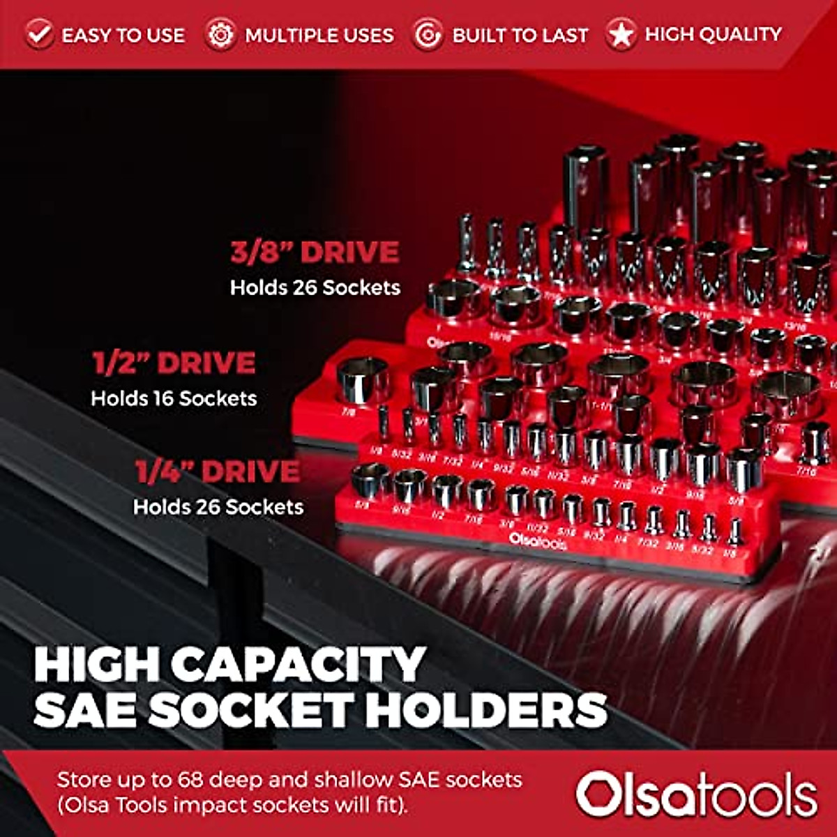 Olsa Tools Magnetic Socket Organizers | 3 Piece Set Socket Holder Kit | 1/2-inch, 3/8-inch, & 1/4-inch Drive | SAE Red | Holds 68 Sockets | Professional Quality Tools Organizer Part 1150