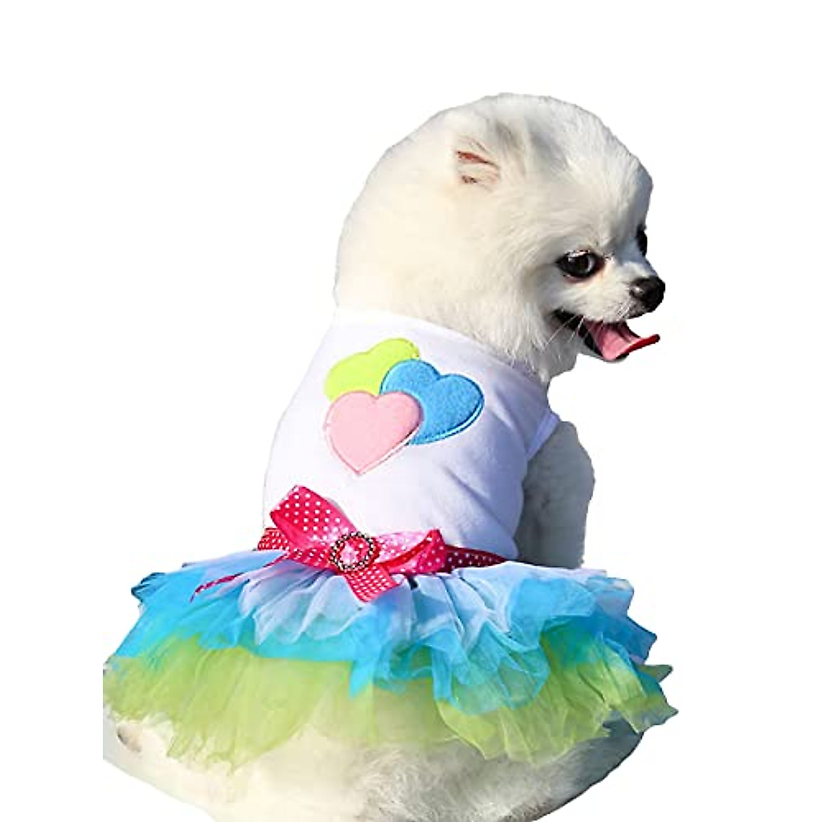 QWINEE Heart Pattern Dog Dress Sleeveless Cat Puppy Princess Dresses with Polka Dot Bow Skirts for Small and Medium Dogs Cats Kitten Multicolor S