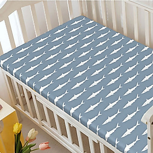 Shark Party Themed Fitted Crib Sheet,Standard Crib Mattress Fitted Sheet Soft Toddler Mattress Sheet Fitted-Great for Boy or Girl Room or Nursery,28“ x52“,Blue Grey and White