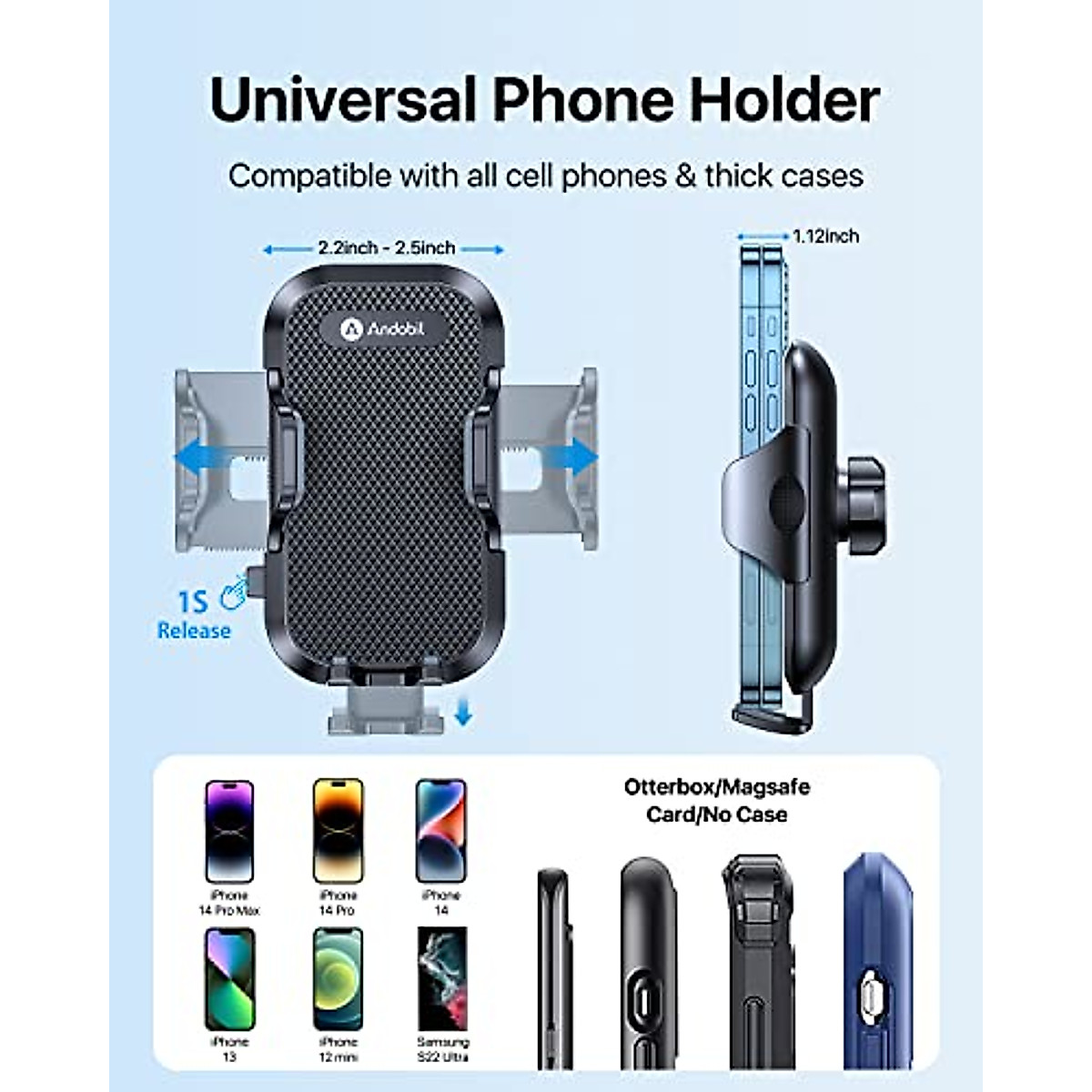 andobil Car Phone Holder Mount, [Ultra Stable, Big Phones & Thick Case Friendly] Adjustable Long Arm Cell Phone Holder for Car Dashboard Windshield Vent Fit for iPhone 14 Pro Max Samsung S23 Ultra etc