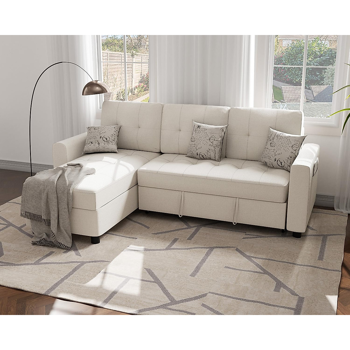 Ucloveria Sectional Sofa Couch, Sleeper Sofa Bed with Reversible Storage Chaise Pull Out Couch Bed for Living Room L-Shape Lounge 2 in 1 Futon Sofa with Side Storage Bag, 49"D x 78.5"W x 49"H, Beige
