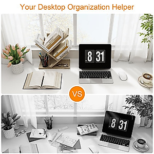 Tajsoon 3 Tier Tree Bookshelf, Small Bookshelf, Desktop Bookshelf Floor Standing Bookcase Display for CDs/Magazine/Books, Book Organizer Shelves for Bedroom, Living Room, Office, Greige