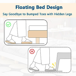 Dolonm Queen Size Bed Frame, Floating Bed Frame with LED Lights, Modern Low Profile Platform Bed Frame, Solid Pine Wood Slats Support, Noise Free, No Box Spring Needed, Easy Assembly, White