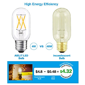 AIELIT 40 Watt Equivalent LED Bulb, E26 Base, Energy Efficient 4W, Soft Warm White 3000K Dimmable 400lm Tubular T14 T45 Edison LED Light Bulbs for Pendant Sputnik Vanity Chandeliers Ceiling, 4 Pack