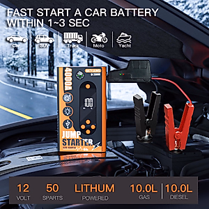 BATYJUMS Battery Jump Starter with - Air Compressor Portable Car Jump Box,𝟰𝟬𝟬𝟬𝗔 𝟭𝟮𝗩 Emergency Booster Pack, Gasoline 𝟭𝟬𝗟 Diesel𝟭𝟬𝗟, 𝟭𝟱𝟬𝗣𝗦𝗜 for Auto Motorcycle