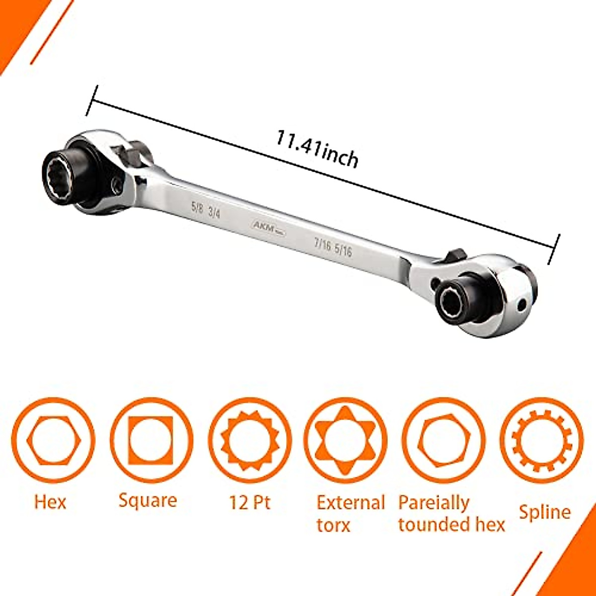 AKM 8 In 1 Ratcheting Wrench, Double Box End Ratchet Wrench, 12 Point Ratchet | SAE | CR-V | Including 5/16" 3/8" 7/16" 1/2" 9/16" 5/8" 11/16" 3/4"