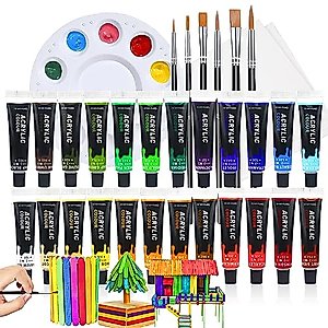 Colorful Acrylic Paint Set for Kids Crafts, 24 Colors Acrylic Art Supplies Paint with 6 Brushes &1 Palette Acrylic Crafts Paint Kit, Non-Toxic Wood Paint Kits for Kids, Beginners