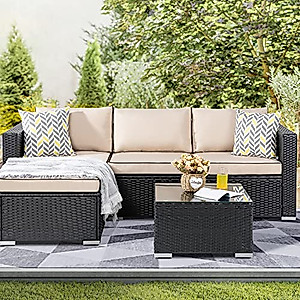 JAMFLY 3-Piece Outdoor Patio Furniture Sofa Set, All-Weather Black Rattan Furniture Sets with Tea Table and Cushions, Wicker Sectional Couch for Backyard, Balcony, Porch or Deck Khaki Black
