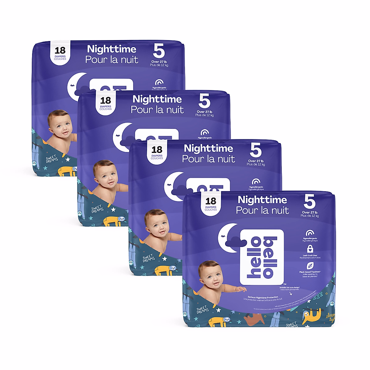 Hello Bello Premium Overnight Baby Diapers-Affordable Hypoallergenic and Eco-Friendly Extra Absorbent Diapers for Babies and Kids at Night-Size 5-Gender Neutral Design-72 Count (4 Packs of 18)