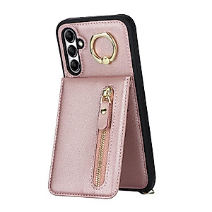 DEYHU Samsung Galaxy A14 5G Case with Card Holder for Women, Galaxy A14 5G Phone Case Wallet with Strap Credit Card Slots Crossbody with Zipper Shockproof Case for GalaxyA14 5G - Rose Gold