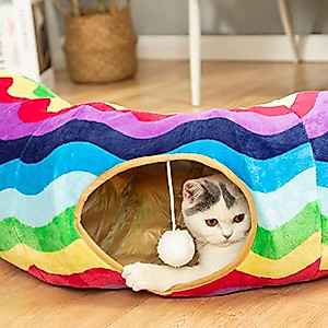 LUCKITTY Large Cat Tunnel Bed with Plush Cover,Fluffy Toy Balls, Small Cushion and Flexible Design- 10 inch Diameter, 3 ft Length- Great for Cats, and Small Dogs, Rainbow Wave Color