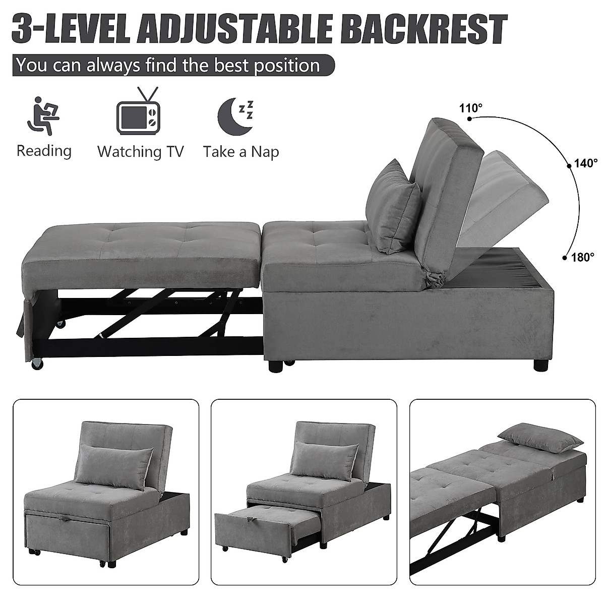 GEEVIVO Sleeper Chair Bed, Convertible Chair Bed 4 in 1 Multi-Function Folding Ottoman Bed Sofa Bed Modern Linen Fabric with Adjustable Backrest for Living Room/Small Apartment