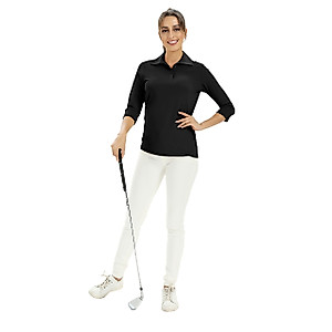 MOHEEN Women's Polo Shirt Quick Dry Performance Moisture Wicking 3/4 Sleeve Golf Polo Shirts for Women Athletic Casual Work (12222 Black,L)