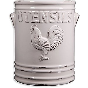 Home Essentials & Beyond Utensil Crock, Ivory Ceramic Rooster Utensil Holder Vintage for Kitchen Counter Top.