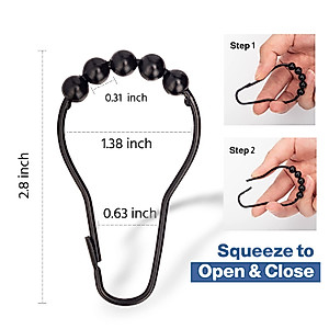 YOUHORYA 12Pcs Shower Curtain Hooks Rings Rust Resistant Stainless Steel Hook Bathroom Rods Curtains Nickel Proof Metal Hangers Snap Closure Roller Glide Black