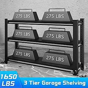 Rufokisa 3-Tier Garage Shelving Heavy Duty，48" W Metal Shelving Unit for Garage, 1650 lbs Load Capacity Utility Rack Shelves＆ Garage Shelves, 48”W x 18”D x 39”H(Black)