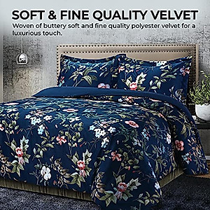 Tribeca Living Velvet Floral Printed King Duvet Cover Set, Soft Touch, Oversized, Luxury Three Piece Set Includes One Duvet Cover and Sham Pillowcases, Calla Multicolor