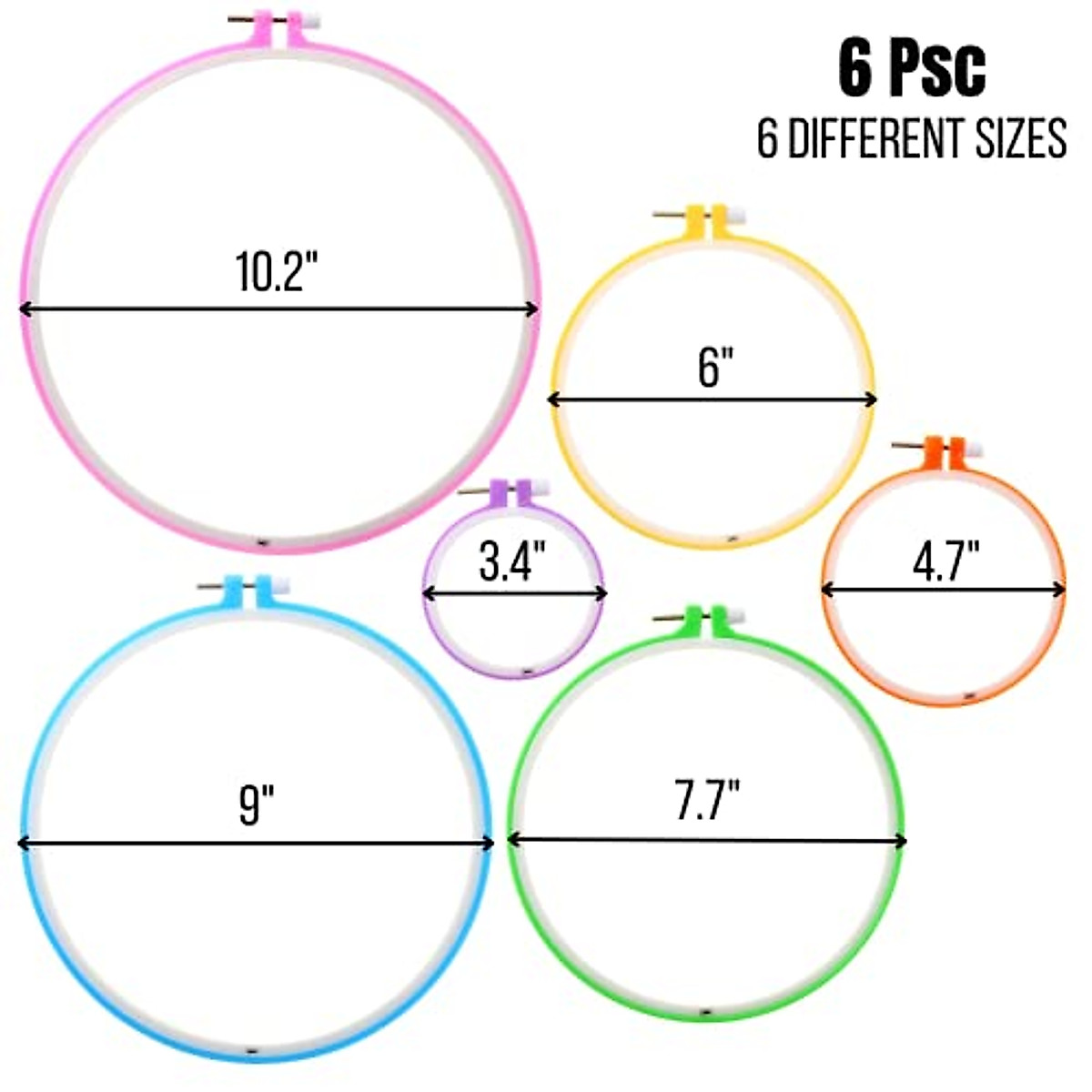 Mr. Pen- Embroidery Hoops Set, 6 pcs, 3.4 inch to 10.2 inch, Assorted Colors, Plastic Embroidery Hoop, Cross Stitch Hoops, Embroidery Rings, Cross Stitch Plastic, Sewing Rings Hoops.