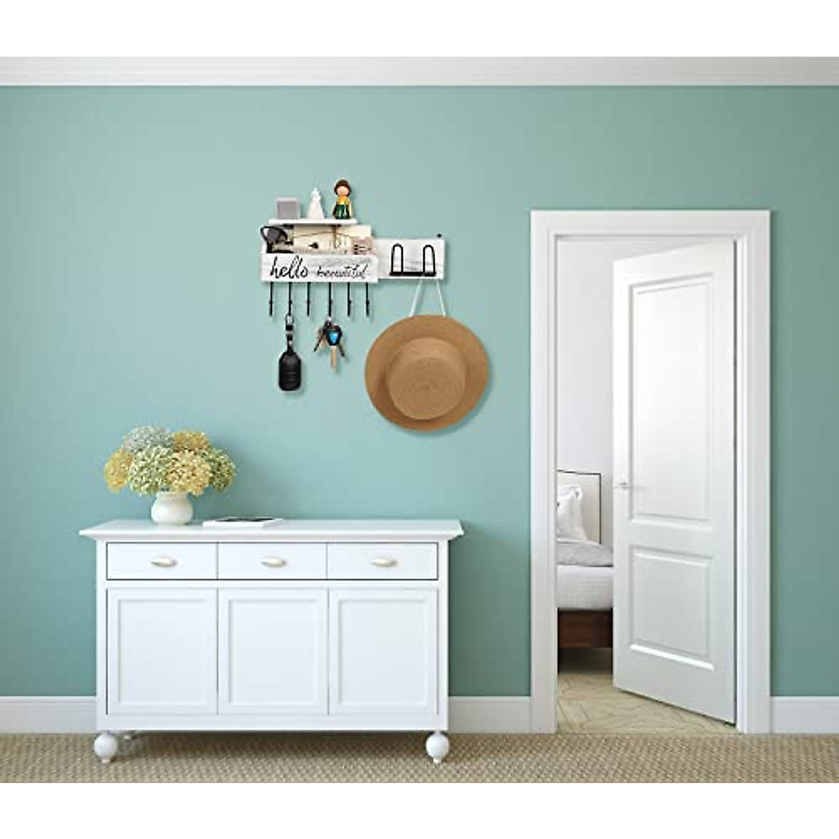 JAZUIHA Mail and Key Holder 2-Tier, Mail Organizer Wall Mount with 6 Hooks, Wooden Wall Organizer Hat Rack, Storage Hanging Shelf for Home Decor