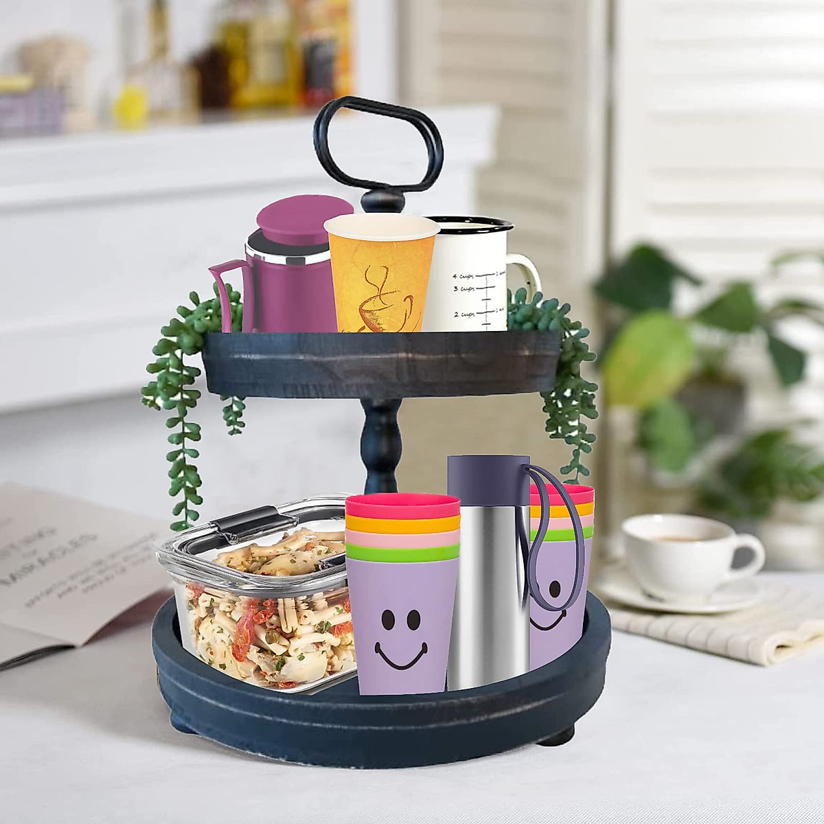 DECORIO Beautiful Tiered Tray Black Slighly Distressed, Two Tiered Wood Decorative Tray - Tiered Tray Stand - Two Tier Tray Tiered Tray Decor - 2 Tier Tray Tiered Serving Tray - Spring Decor 17"