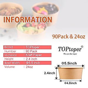 TOPtoper 24 Oz Large Paper Bowls, 90 Pack Disposable Soup Bowls Plastic Free Party Supplies for Hot/Cold Food, Soup (24 OZ)