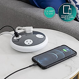 Philips 3 Outlet 2 USB Surge Protector Orb, 8 ft Braided Extension Cord, Flat Plug, Power Hub, Round, 450 Joules, White, SPP6230WC/37