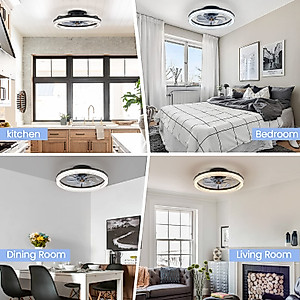 LUDOMIDE Ceiling Fans with Lights, 20" Low Profile Ceiling Fan with Light Remote Control, Flush Mount Fandelier Ceiling Fan 6 Wind Speeds 3 Color Changeable for Bedroom, Kitchen and Kids Room (Black)