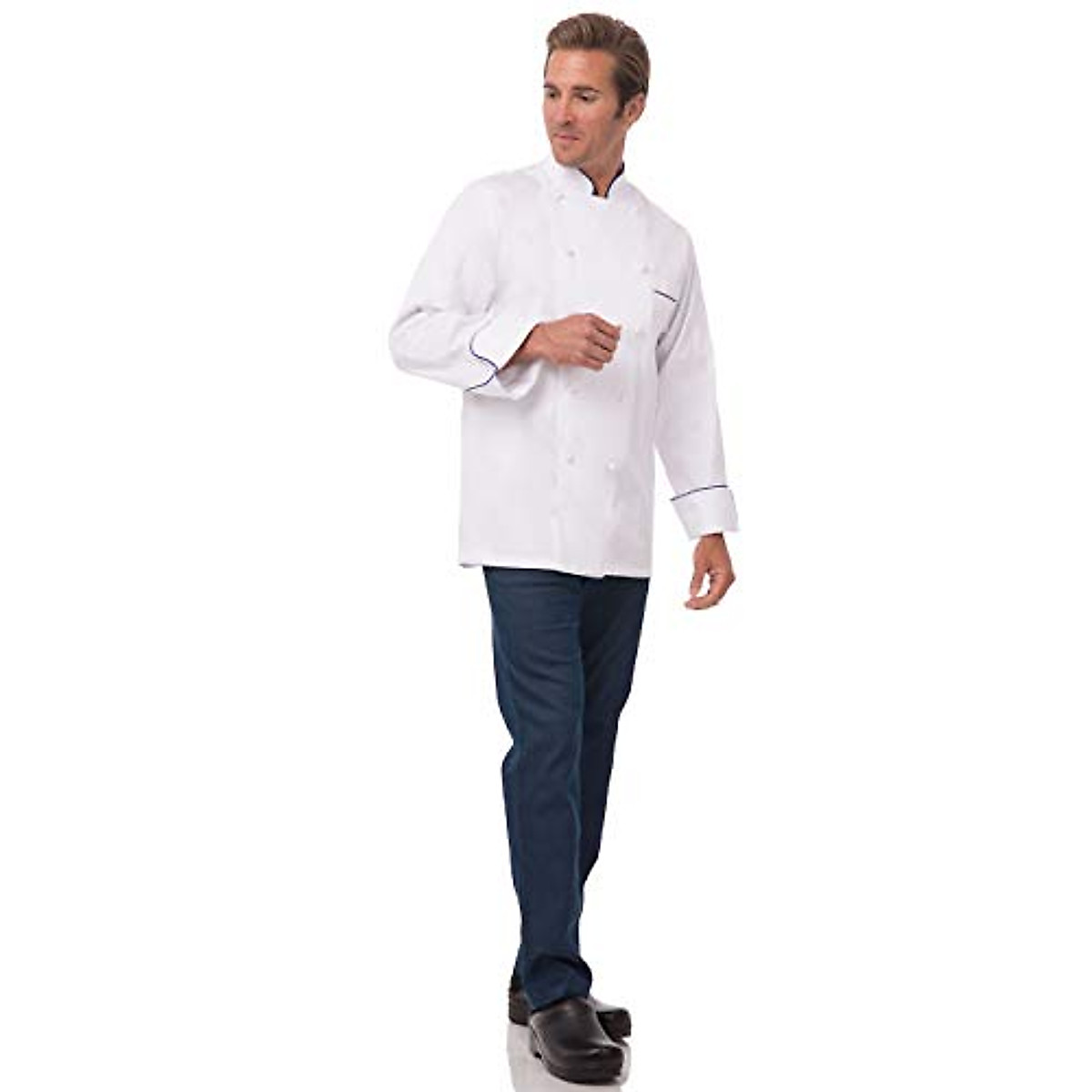Chef Works Men's Men's Carlton Executive Chef Coat, White With Blue Piping, 40