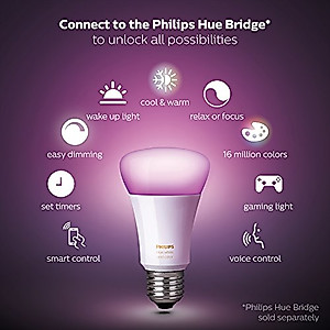 Philips Hue Single Premium A19 Smart Bulb, 16 million colors, for most lamps & overhead lights (Hue Hub Required, Works with Alexa), Old Version, White (464487)