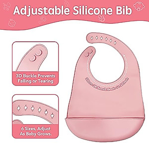 Silicone Baby Feeding Set 10 Pack, Baby Led Weaning Supplies with Suction Bowl Divided Plate, Toddler Self Feeding Dish Set with Bib and Plate, Spoon and Fork, Nipple and Teether, Sippy Cup and Lid
