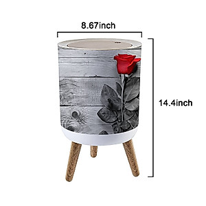 SHL96PZGX Small Trash Can with Lid Red Rose on Black and White with Wood Legs Wastebasket Round Garbage Bin for Kitchen, Bathroom, 1.8 Gallon - 7L