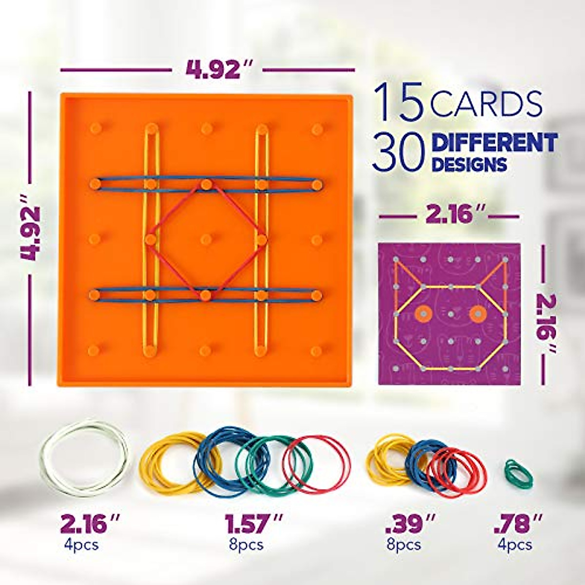 Double-Sided Geoboard - Mathematical Manipulative Material Geo Board, Graphical Educational Toy for Geometry and Creativity- 5 x 5 Grid/12 Pin Circular Array, 15 Cards with 30 Design, and Rubber Bands