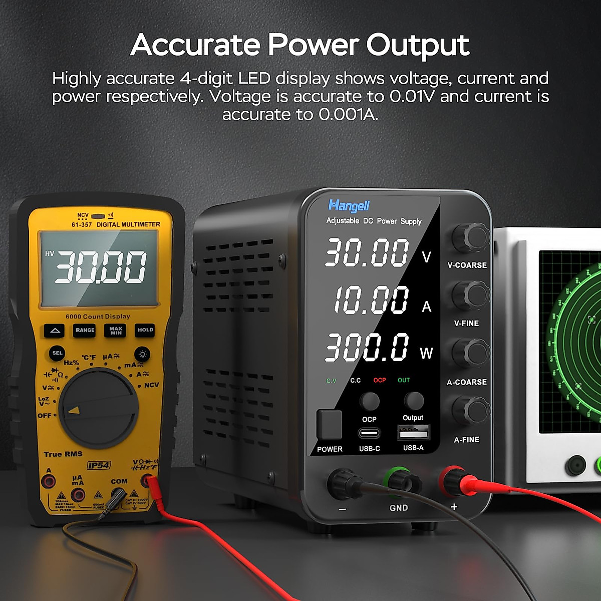 DC Power Supply Variable, 30V 10A Bench Power Supply with Encoder Coarse & Fine Adjustments Knob, Adjustable Switching Regulated lab Power Supply with 5V 3.6A USB & Type-C Quick-Charge
