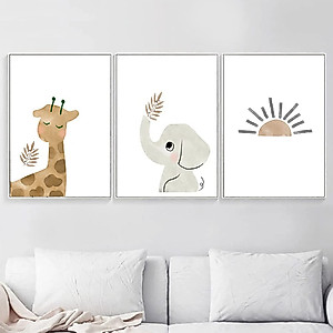 Boho Cartoon Animal Kids Room Decor, Cute Giraffe Elephant Sun Canvas Nursery Wall Art for Baby Girls & Boys Playroom Bathroom Bedroom