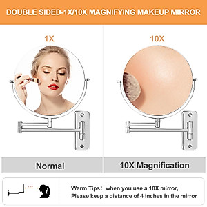 FFowcye 8” Wall Mounted Makeup Mirror - 1X/10X Double Sided Magnifying Bathroom Mirror, 360° Swivel Extendable Vanity Shaving Mirror with Adjustable Arm for Bathroom, Chrome（No Light）