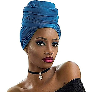 4 Packs Stretch Jersey Turban Head Wrap Scarf African Headwraps for Women Head Wraps Long Hair Scarf Ultra Soft Breathable Solid Color Turban Tie Large Headband (Black Dark Grey Light Brown Blue)