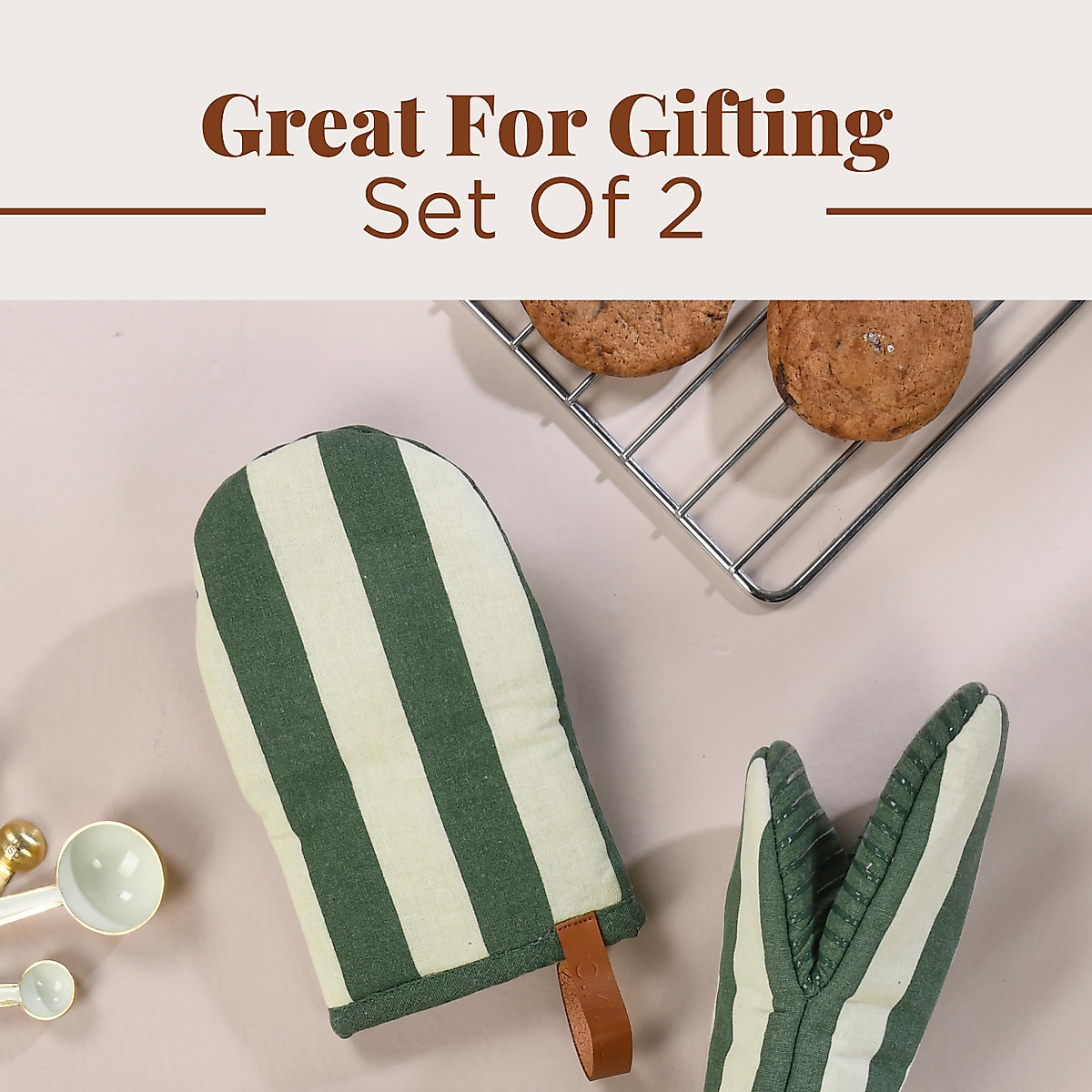 Folkulture Mini Oven Mitts Heat Resistant 5.75" x9", Set of 2 Short Oven Mitts with Hanging Loop, 100% Cotton Oven Gloves or Kitchen Mittens, Small Oven Mitt Set or Silicone Oven Mits (Matcha)