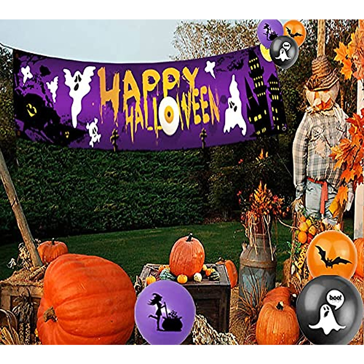 Extra Large Happy Halloween Banner Halloween Party Sign Banner Decorations Halloween Party Balloons Halloween Ghost Yard Sign Decoration Backdrop Photography Backdrop for Halloween Party(118” x 24”)