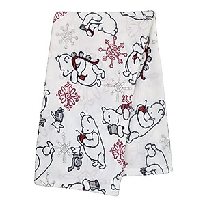 Disney Classic Winnie The Pooh White, Red, and Green Holiday Christmas Piglet, Snowflakes and Bells Super Soft Baby Blanket