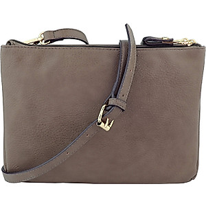 B BRENTANO Multi-zipper Double Pocket Crossbody Handbag Purse (Stone)