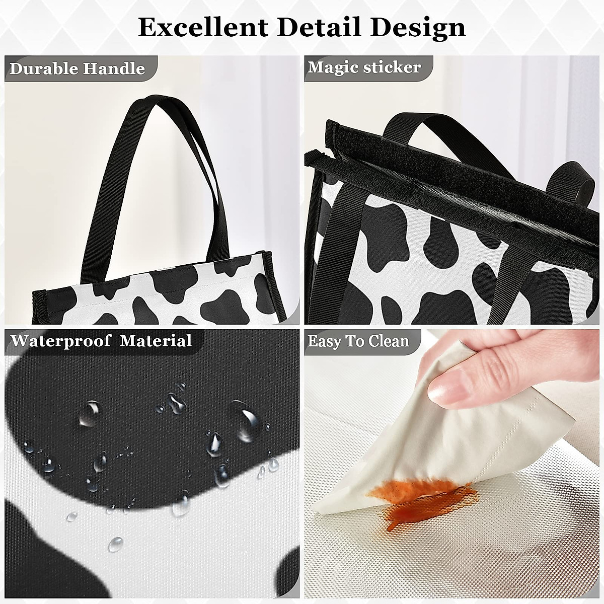 Reusable Lunch Bag Black and White Cow Print Insulated Lunch Box Lunch Tote with Aluminum Foil, Handbag for Office School Kids Teen