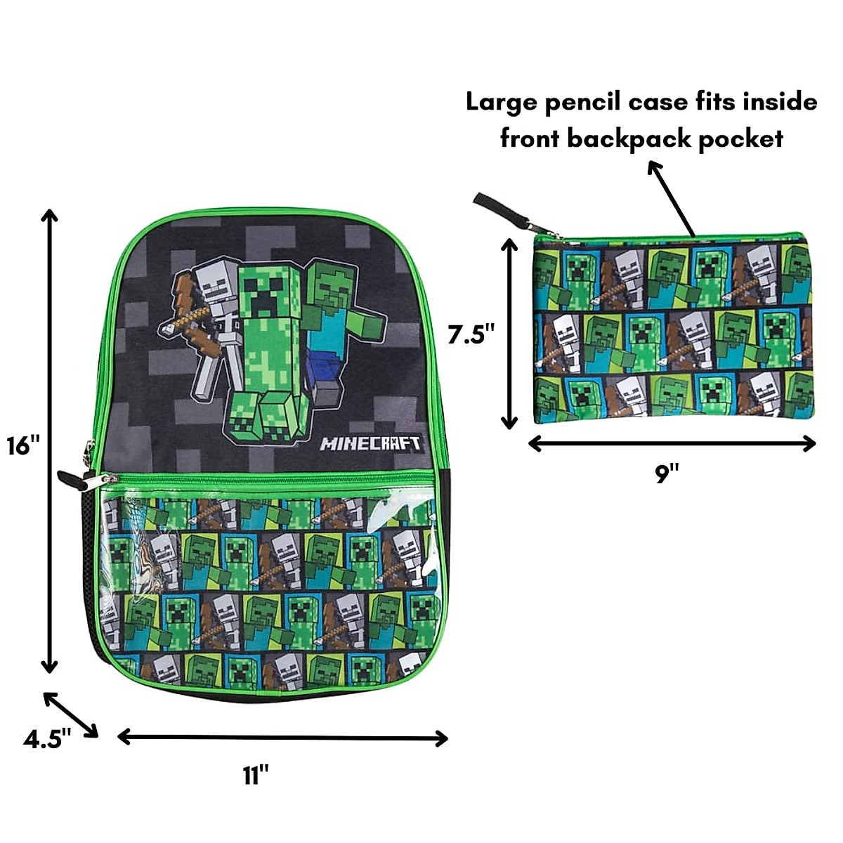 RALME Minécraft Backpack Set with Lunch Box for Boys & Girls, 16 inch, 5 Piece Value Set