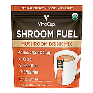 VitaCup Shroom Fuel, Mushroom Based Coffee Alternative Packets, Mushroom Coffee Substitute w/Cacao, Cinnamon, Chaga, Lions Mane, & Maca for Energy, Immune Support, & Focus, 24 ct