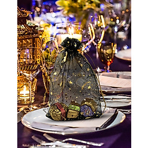 Jexila 100PCS Black Organza Bags 4X6 with Drawstring Jewelry Bags Small Moon Star Mesh Bags for Wedding Party Favor Candy Bags